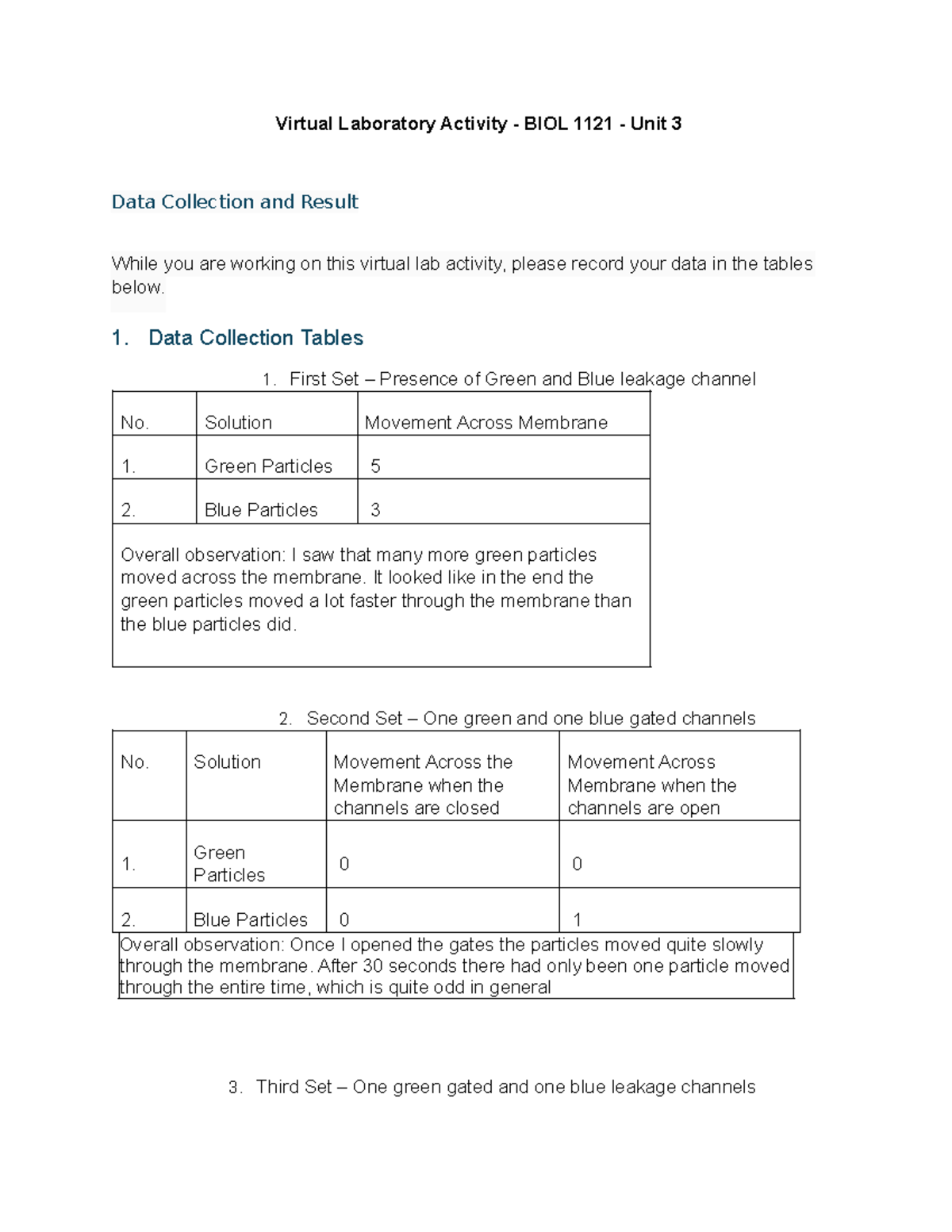 Virtual Laboratory Activity - 1. Data Collection Tables 1. First Set – Presence of Green and ...