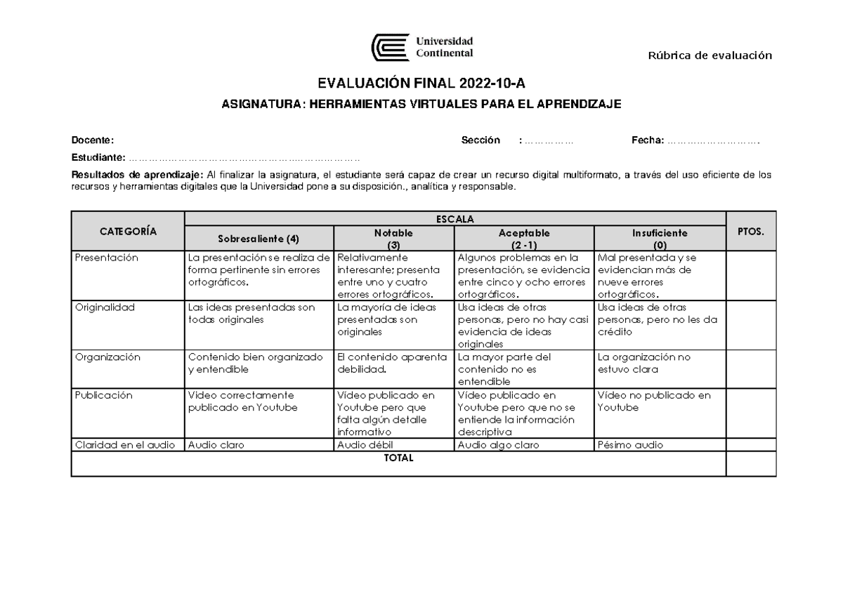 Rubrica DE Evaluación Final - Rúbrica de evaluación EVALUACIÓN FINAL ...