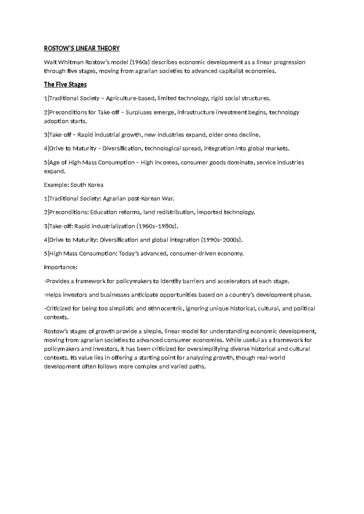 Rostow's Linear Theory of Economic Development - Assignment - Studocu