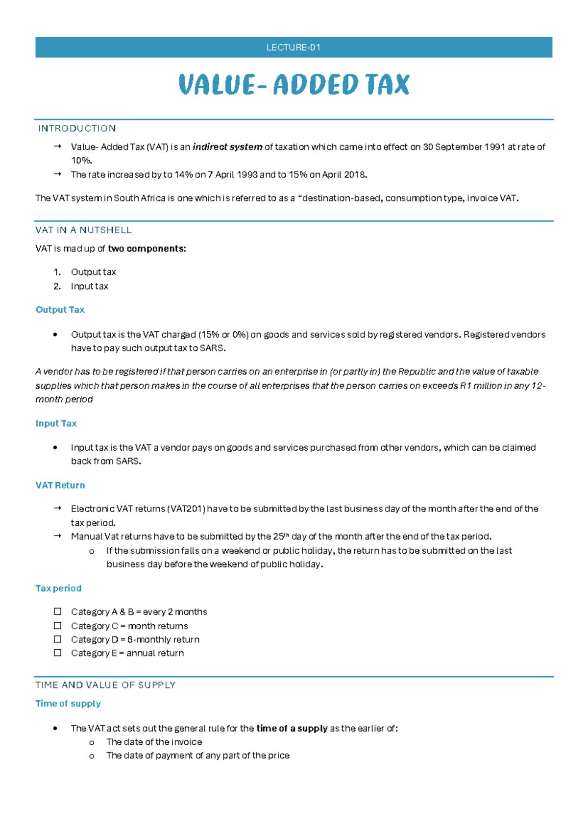 Lecture 01 - VAT Study Notes and Key Concepts - Studocu