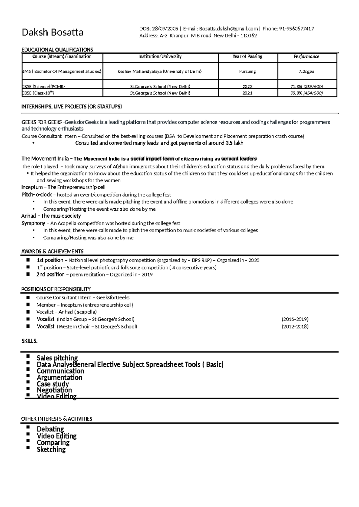 BMS Resume Template for Daksh Bosatta: Professional Profile - Studocu