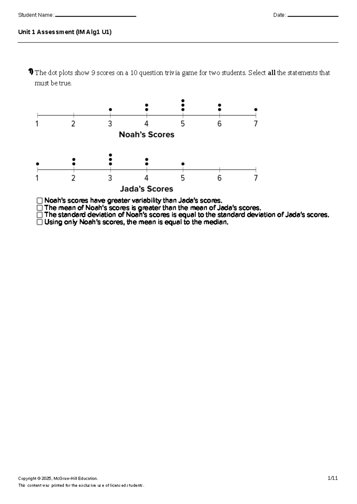 Unit 1 Assessment (IM Alg1 U1) - Stats Concepts & Data Analysis - Studocu