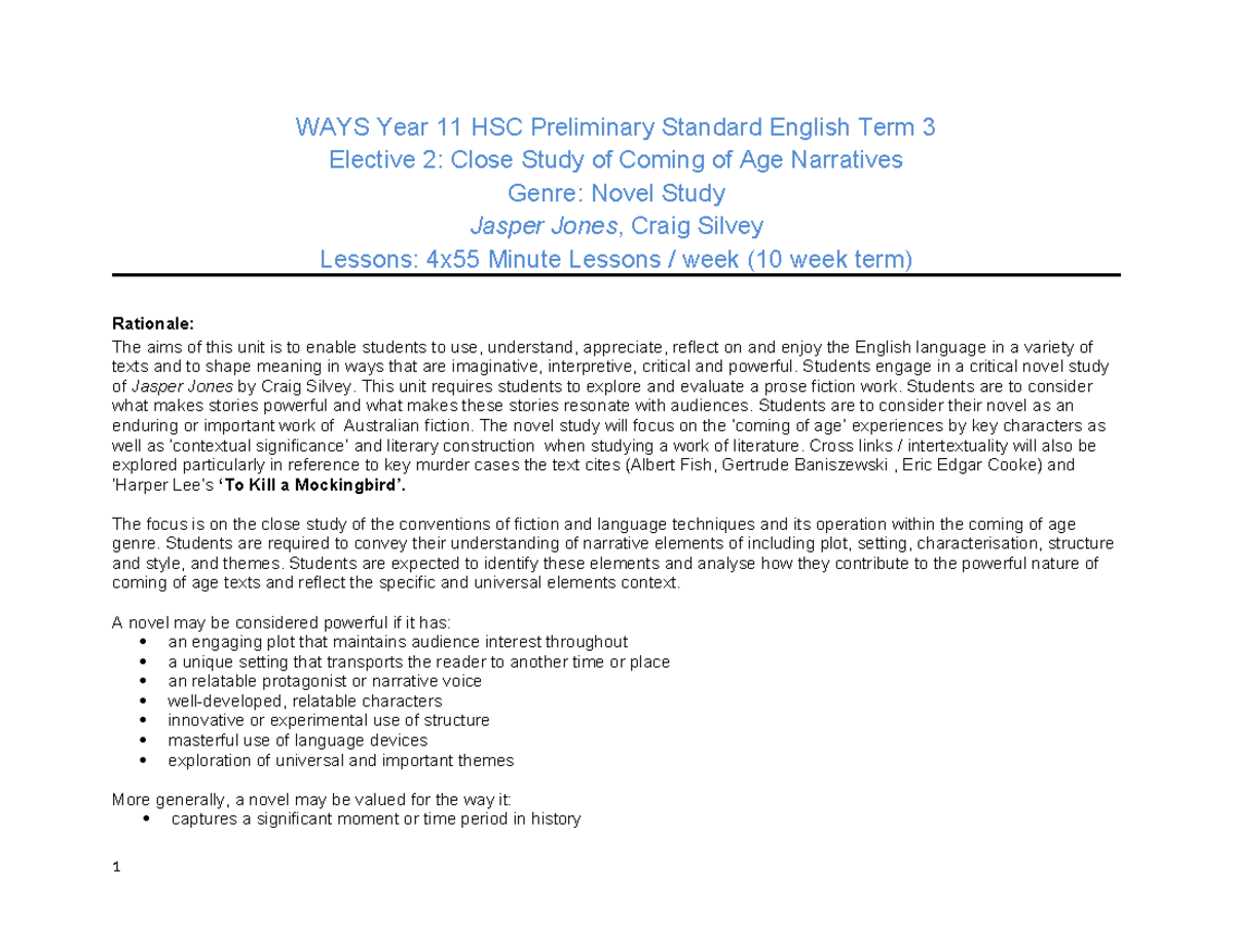 Unit 3: Jasper Jones Novel Study - Year 11 HSC English Term 3 - Studocu