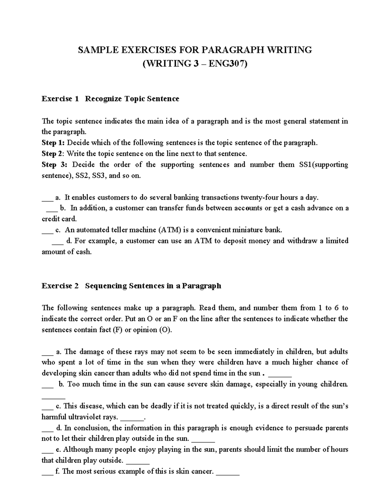 Exercises for Paragraph Writing (ENG307) - Studocu