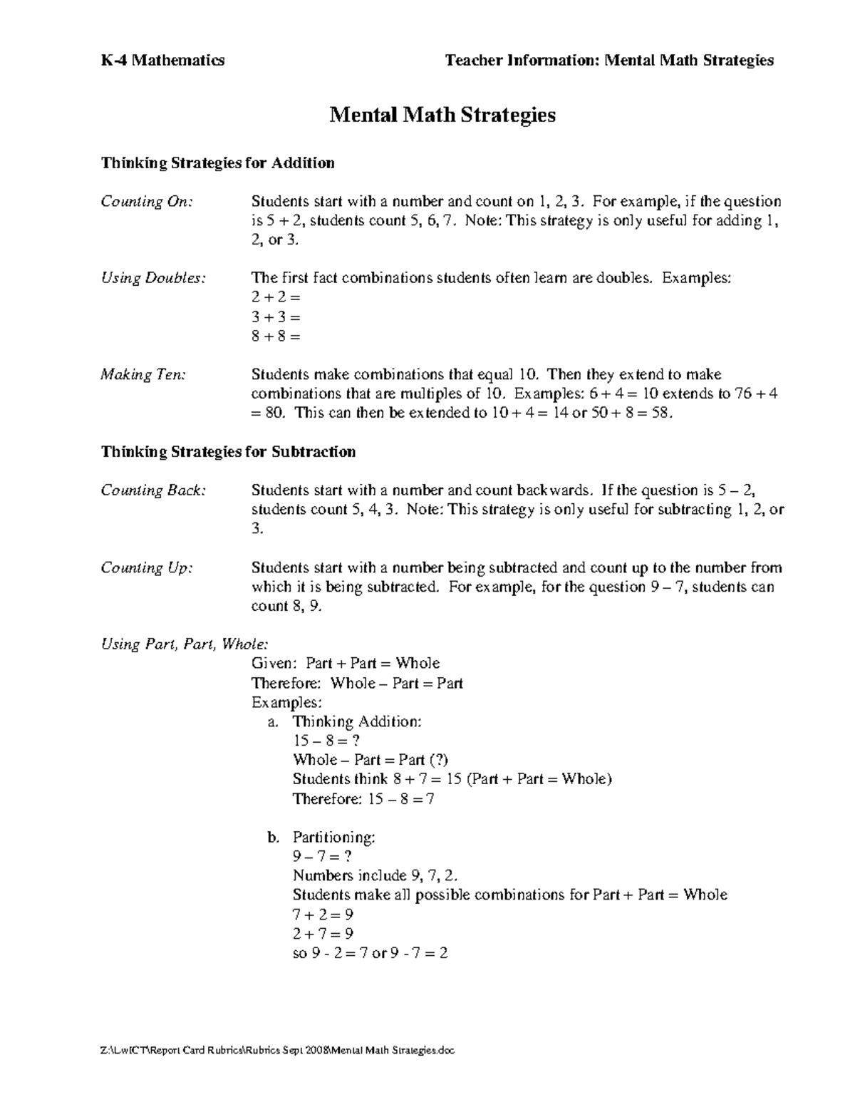 221219044 K-4 Mental Math Strategies for Addition & Subtraction - Studocu