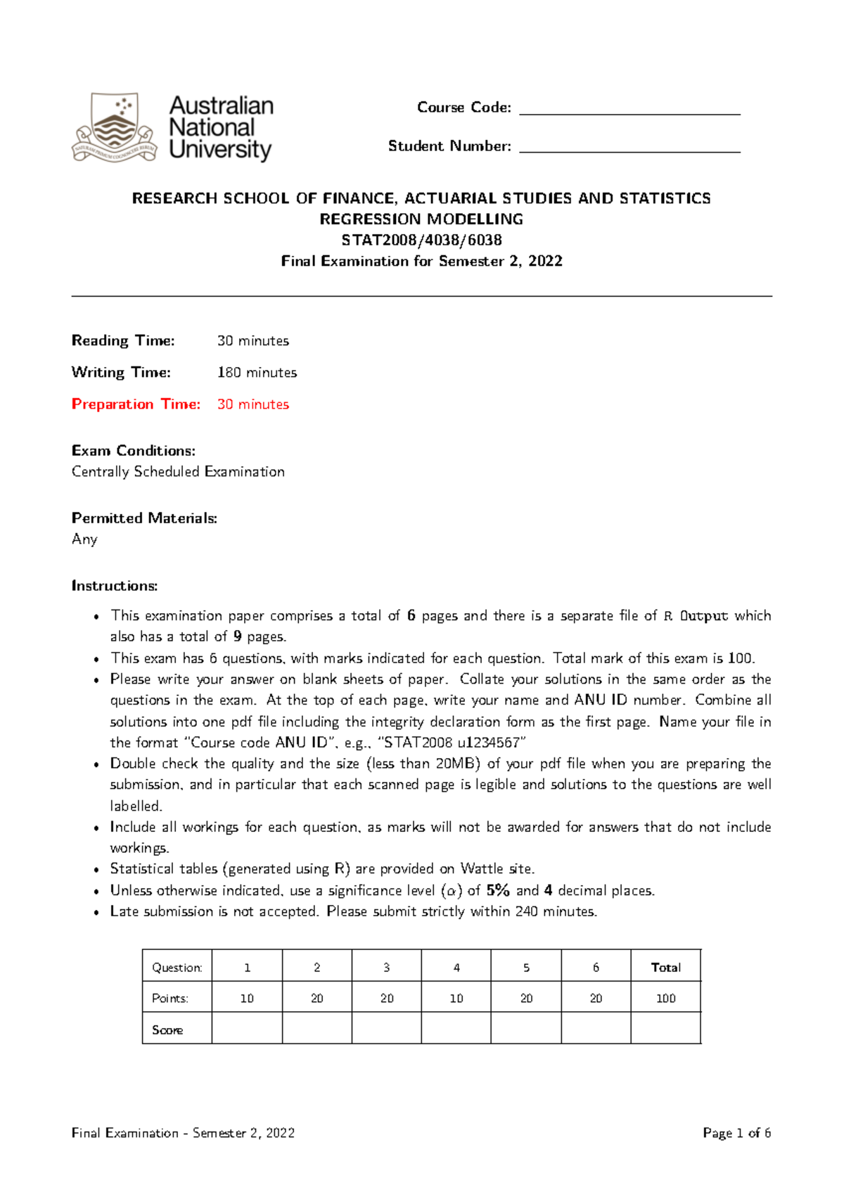 STAT2008/4038 Final Exam Questions and Guidelines - Semester 2, 2022 ...