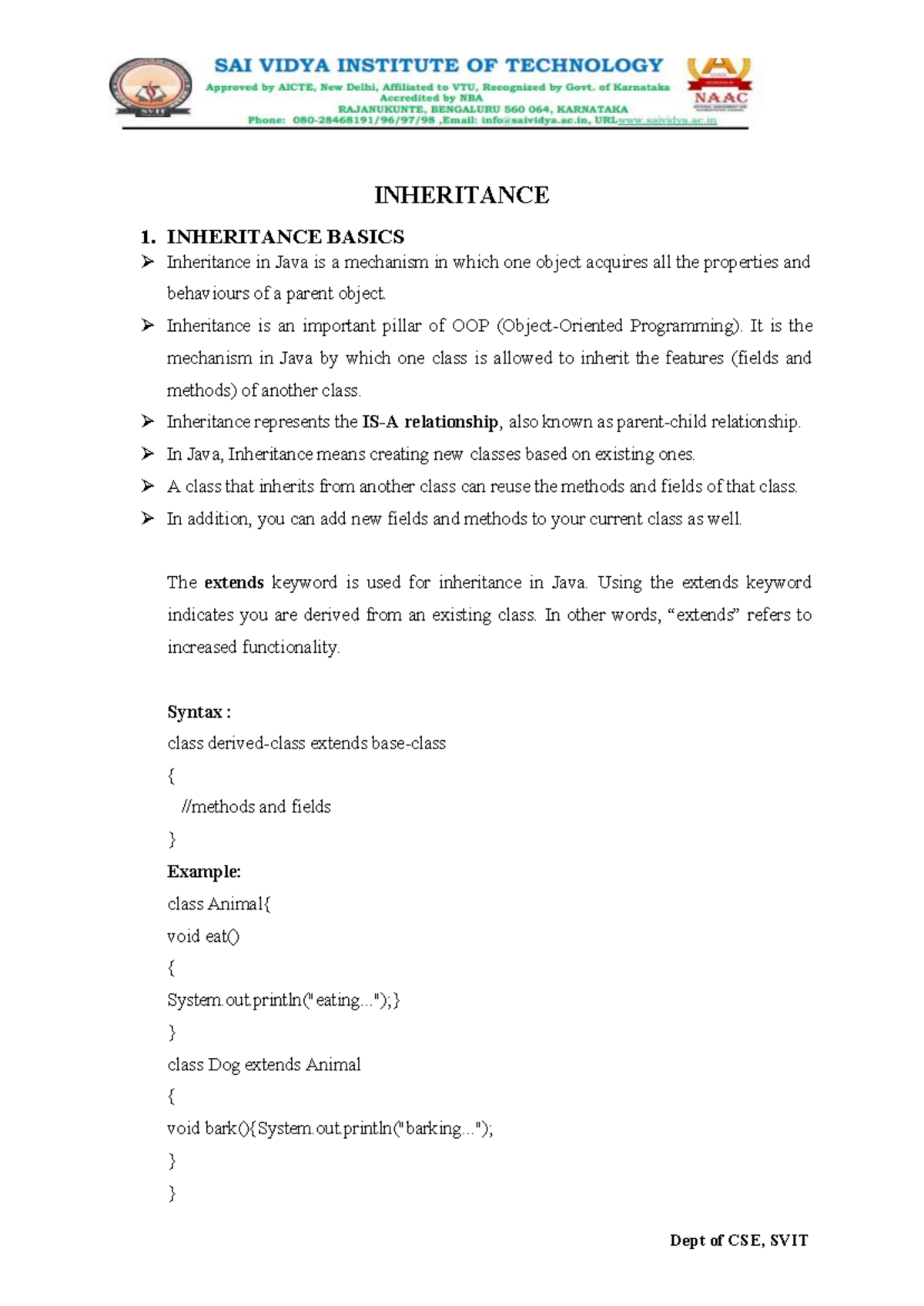 Module 3 - BCS306A: Inheritance and Interfaces in Java - Studocu