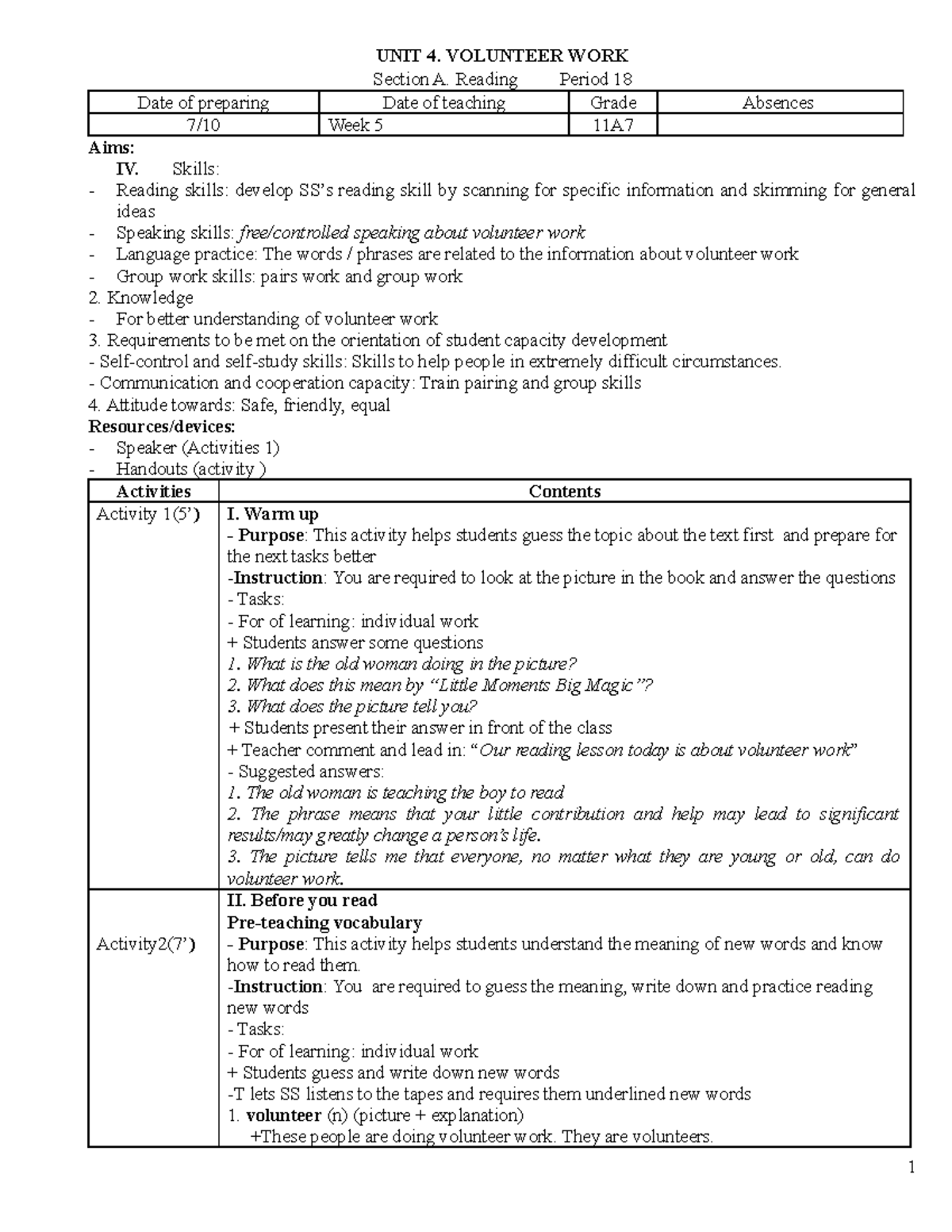 Anh 11 - Unit 4 - Lesson Plan: Volunteer Work Activities - Studocu