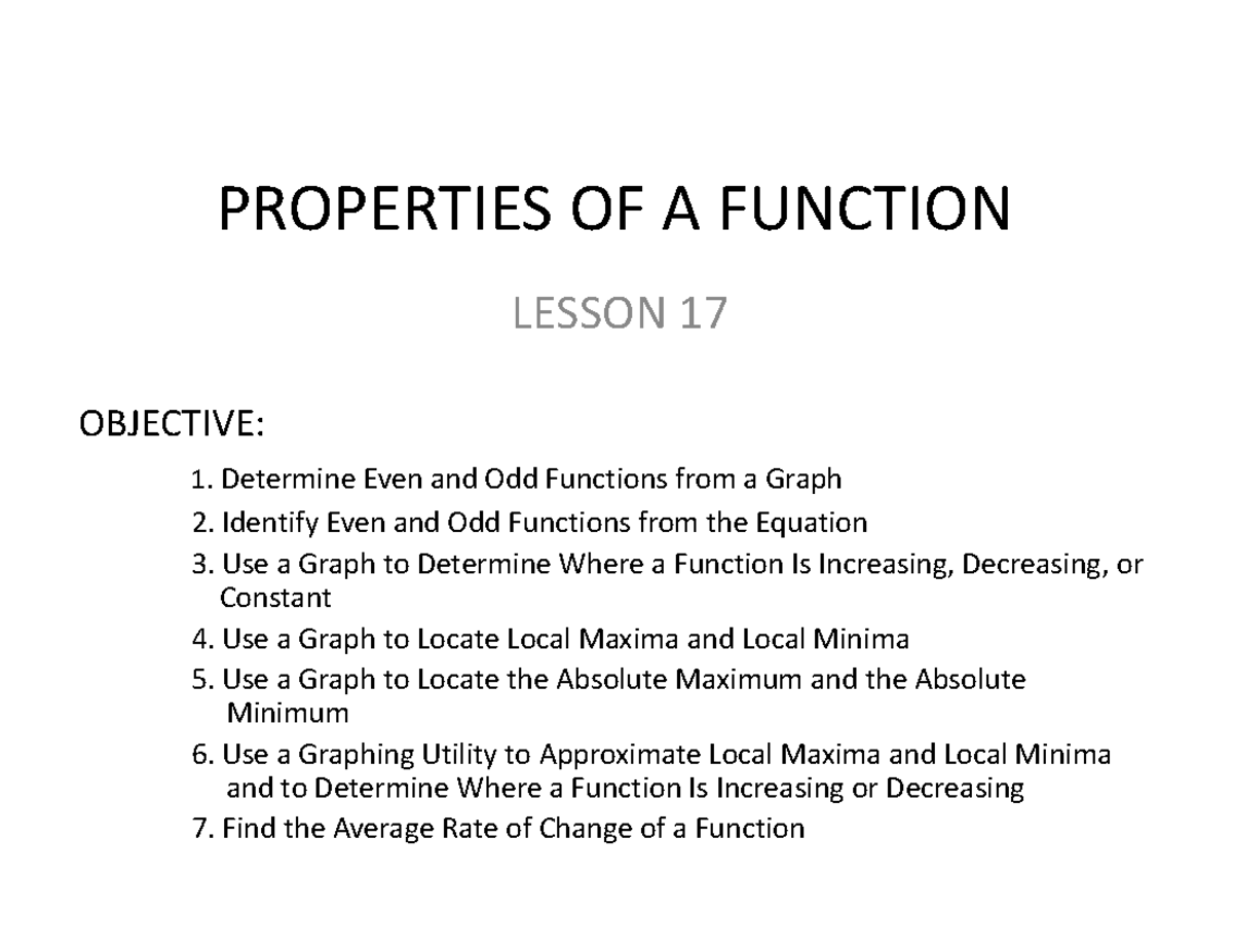 Lesson 17 - Properties of a Function - PROPERTIES OF A FUNCTION LESSON ...