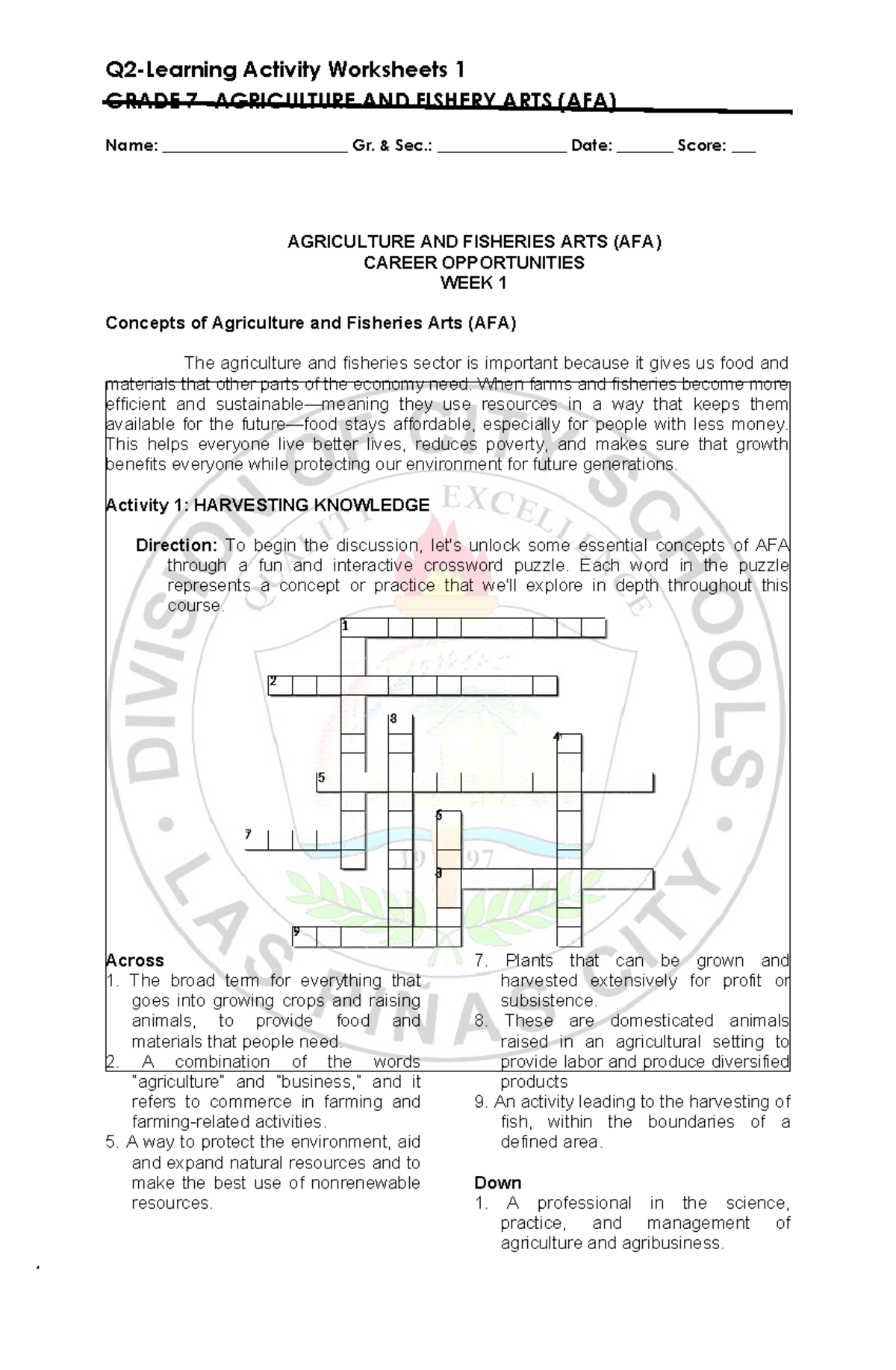 Activity Worksheets for GRADE AGRICULTURE AND FISHERY ARTS (AFA) - Week ...