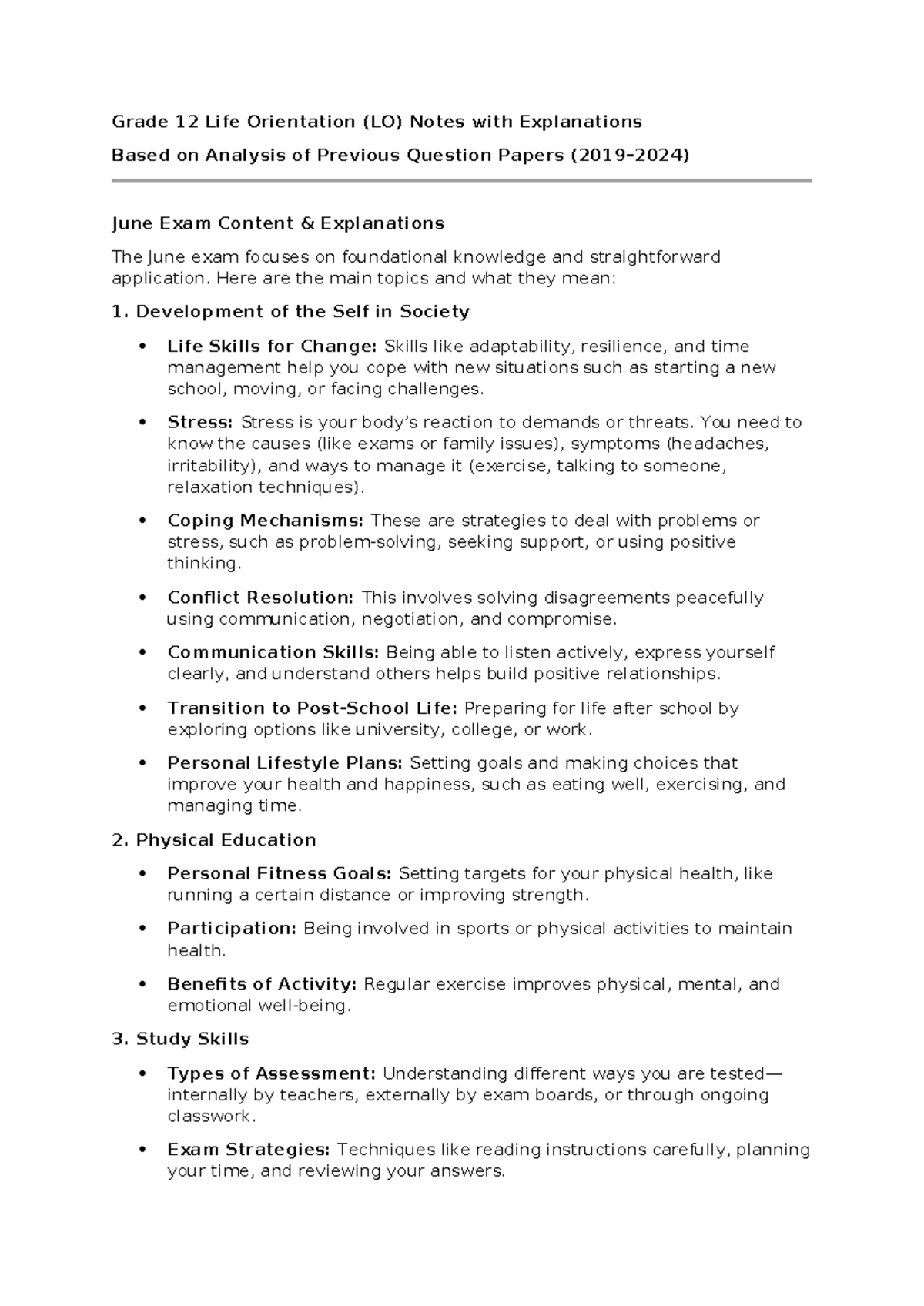 Grade 12 Life Orientation (LO) Exam Prep Notes: June & Nov Focus - Studocu