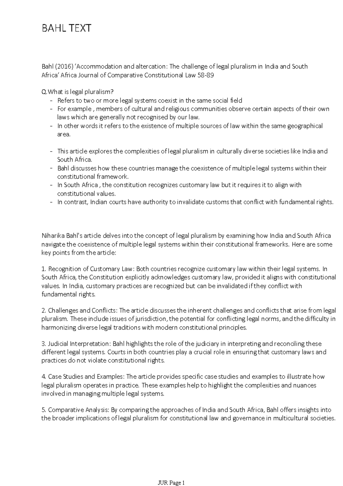 BAHL 2016: Legal Pluralism in India & South Africa - Summary - Studocu