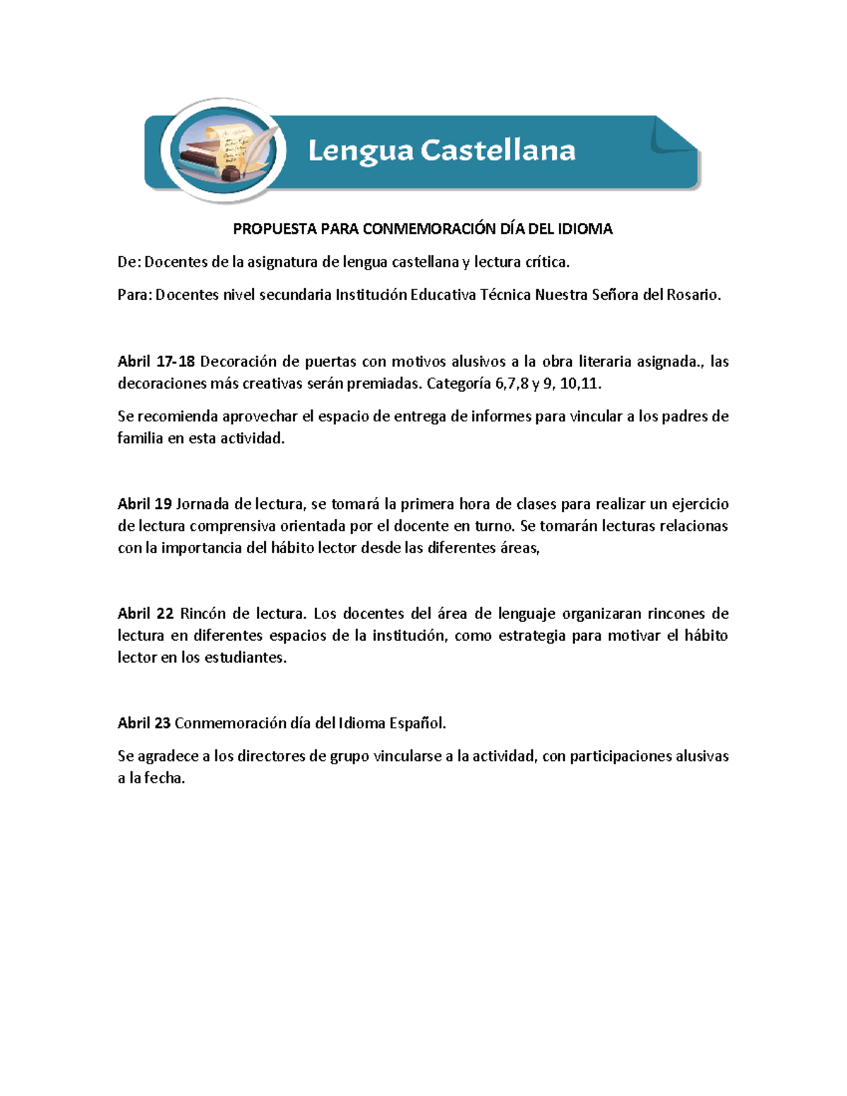Propuesta para conmemoración Día del Idioma - PROPUESTA PARA ...
