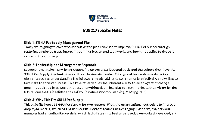 BUS 210 Speaker Notes - BUS 210 Speaker Notes Slide 1: SNHU Pet Supply ...