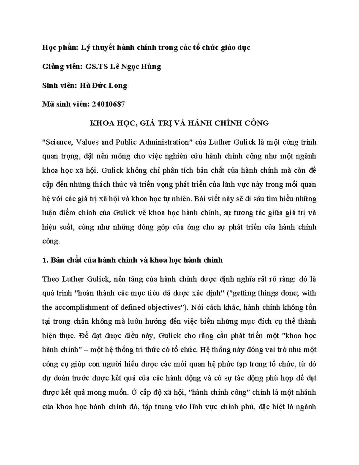 Bài Tập Lý Thuyết Hành Chính 1 - Nghiên Cứu Gulick - Studocu