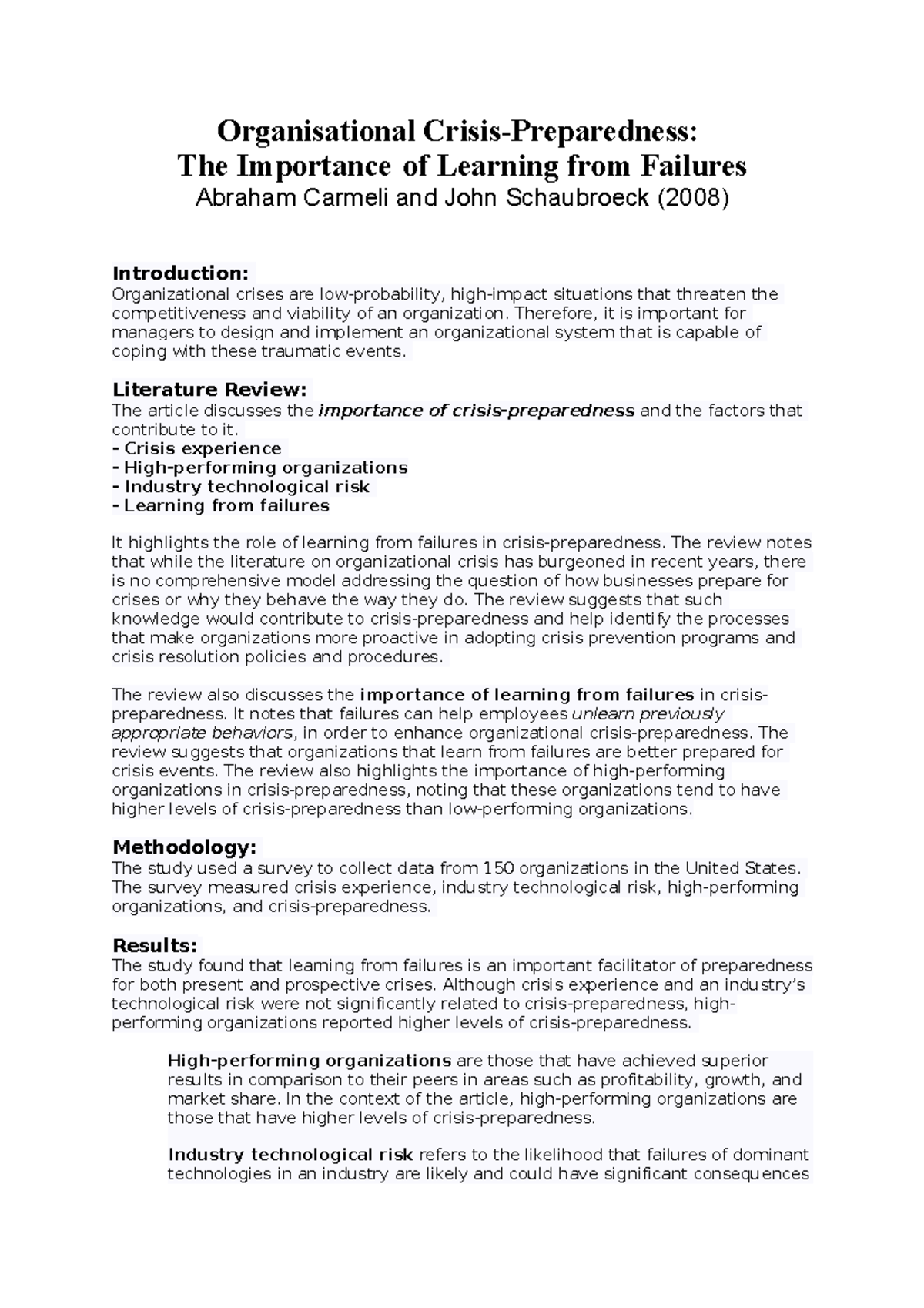Tut 10 Literature: Organizational Crisis Preparedness Insights ...