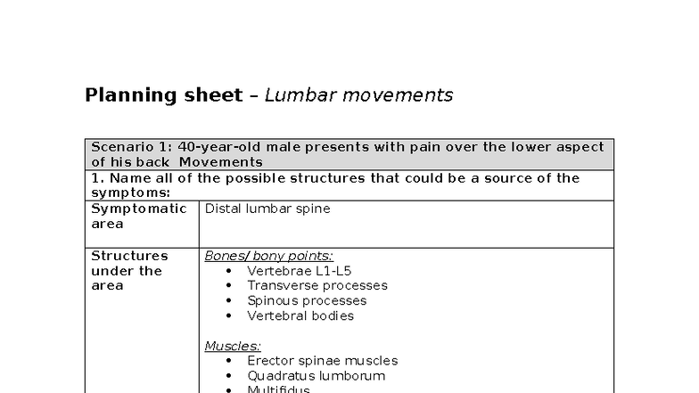 Planning Sheet: Lumbar Movements for Male Patient with Back Pain - Studocu