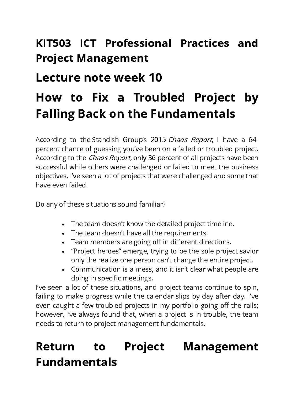 KIT503 ICT Professional Practices and Project Management Troubled ...