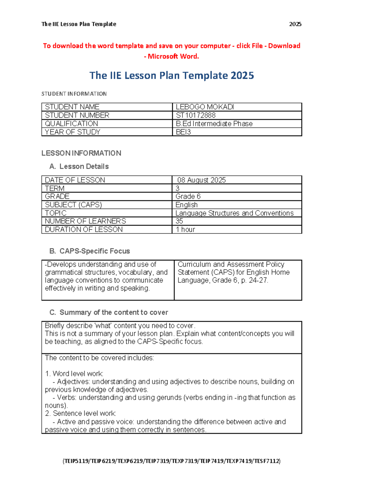 IIE Lesson Plan Template 2025 for Grade 6 English Language - Studocu