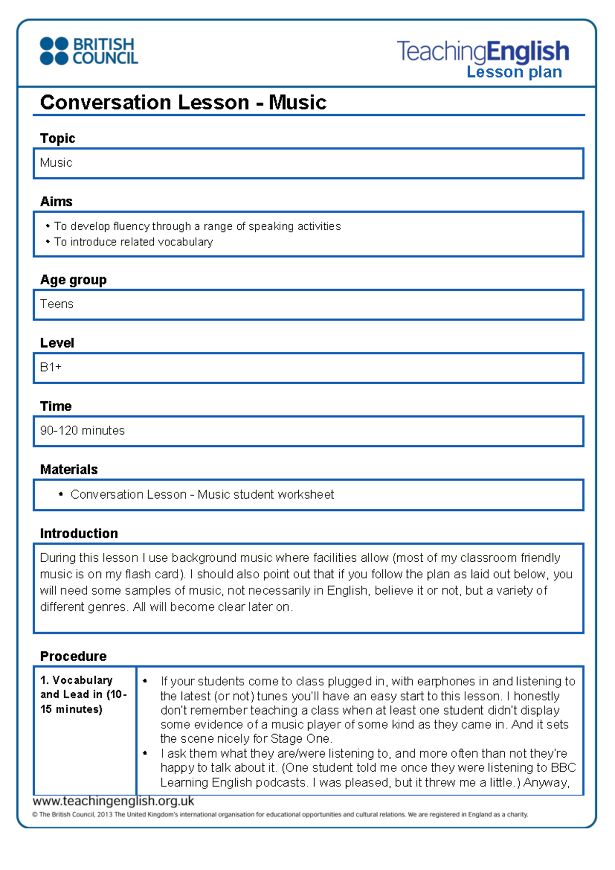 B1+ Conversation Lesson Plan: Engaging Teens Through Music Activities ...
