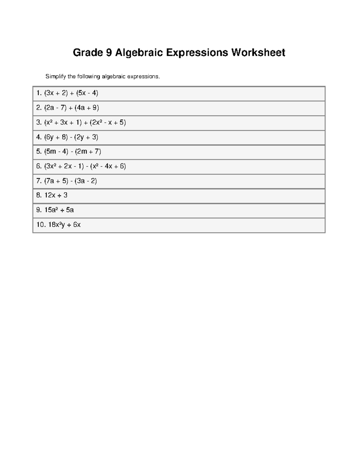 Grade 9 Algebraic Expressions Worksheet-1 - Grade 9 Algebraic ...