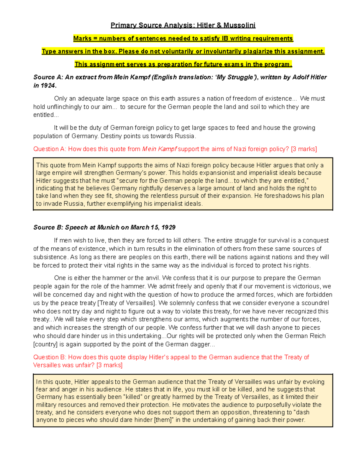 IB History Primary Source Analysis: Hitler & Mussolini Insights - Studocu