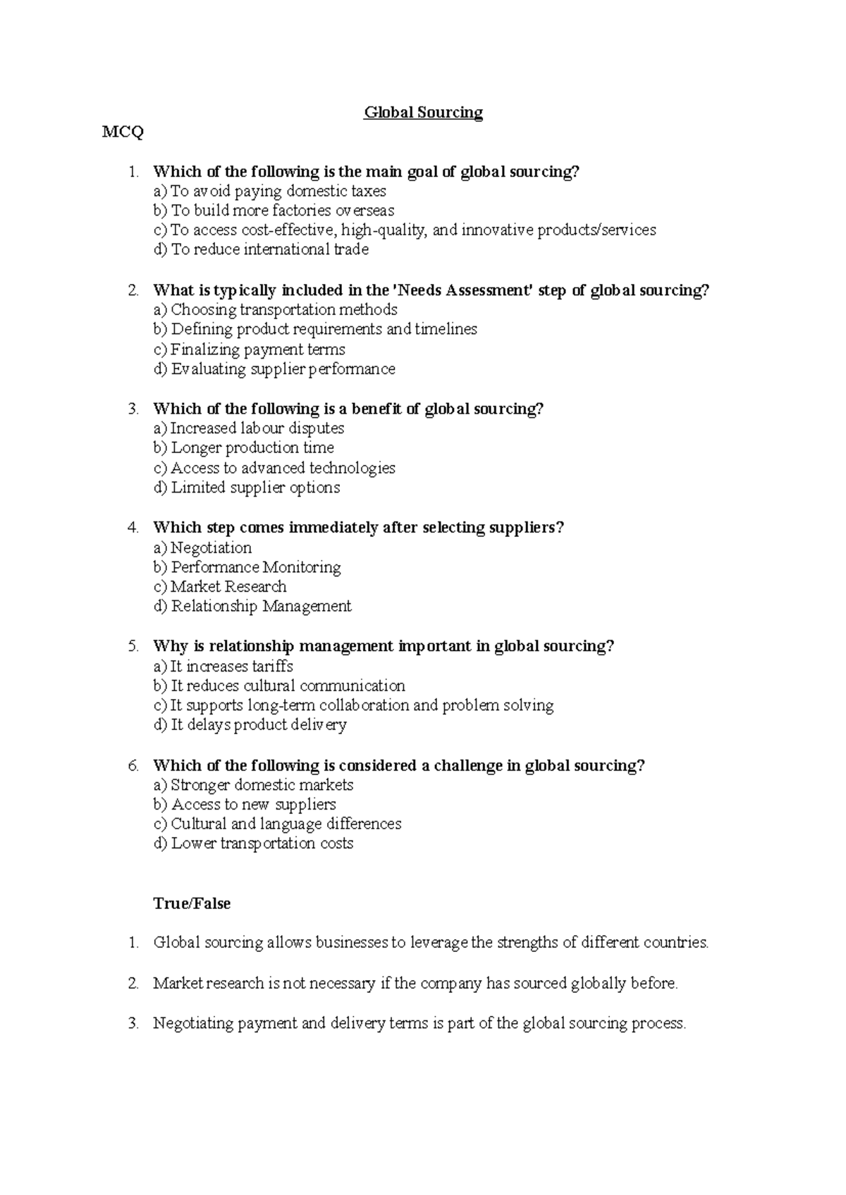 Global Sourcing MCQ - Key Concepts and Challenges Explained - Studocu