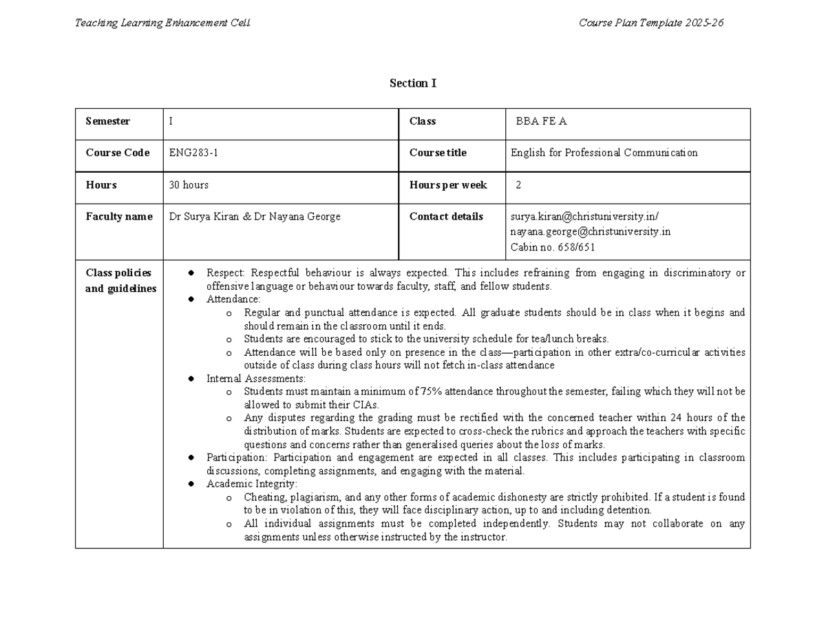 BBA FE A: English for Professional Communication Course Plan - Semester ...