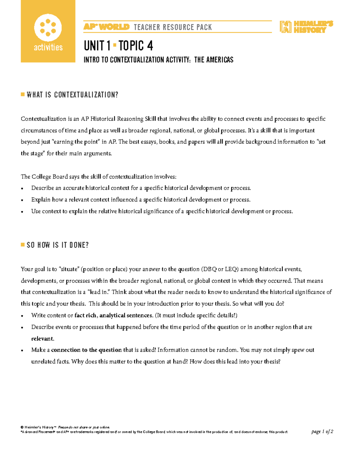 AP World TRP Unit 1 Topic 4: Intro to Contextualization Activities ...