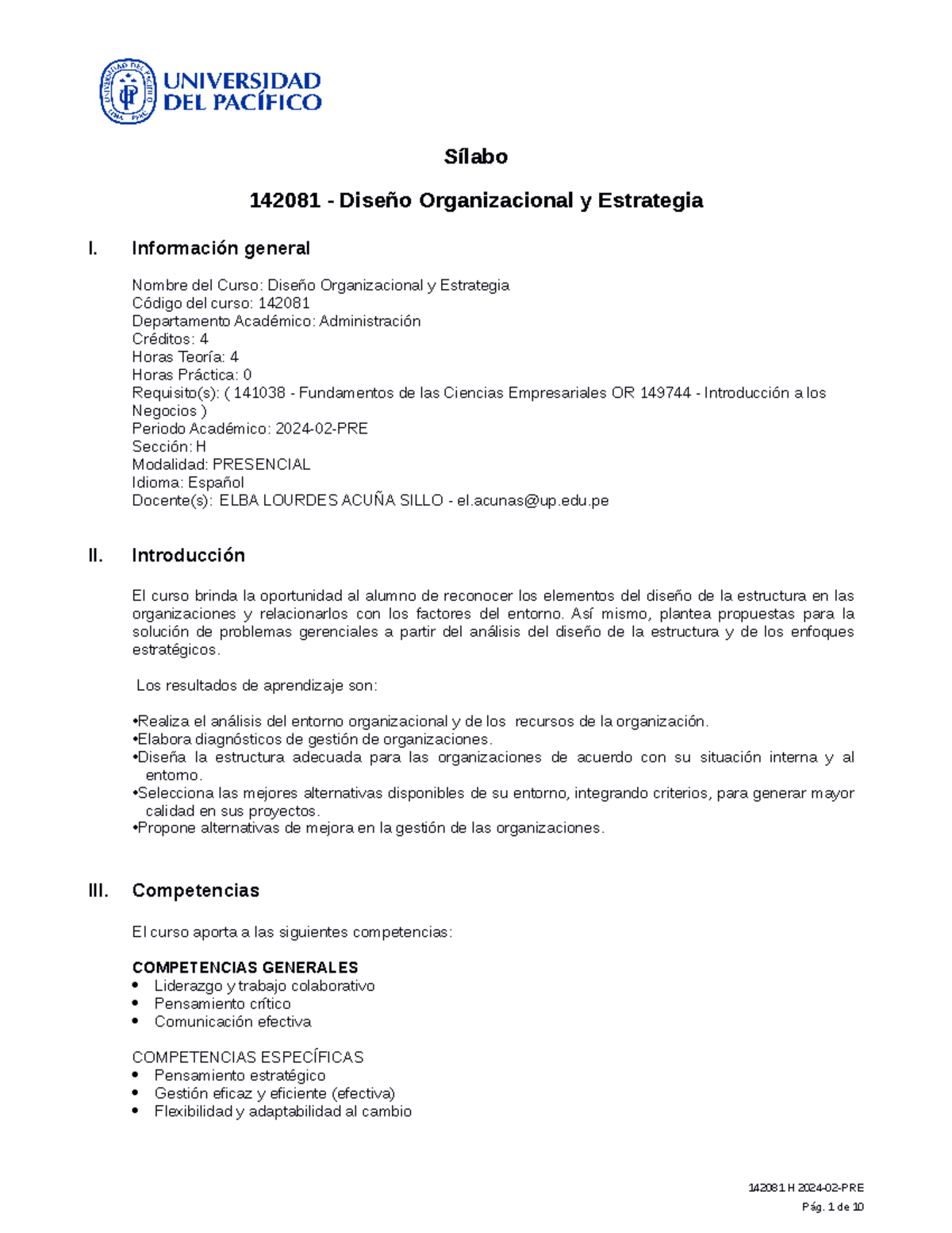 Sílabo del Curso 142081: Diseño Organizacional y Estrategia - Sección H ...
