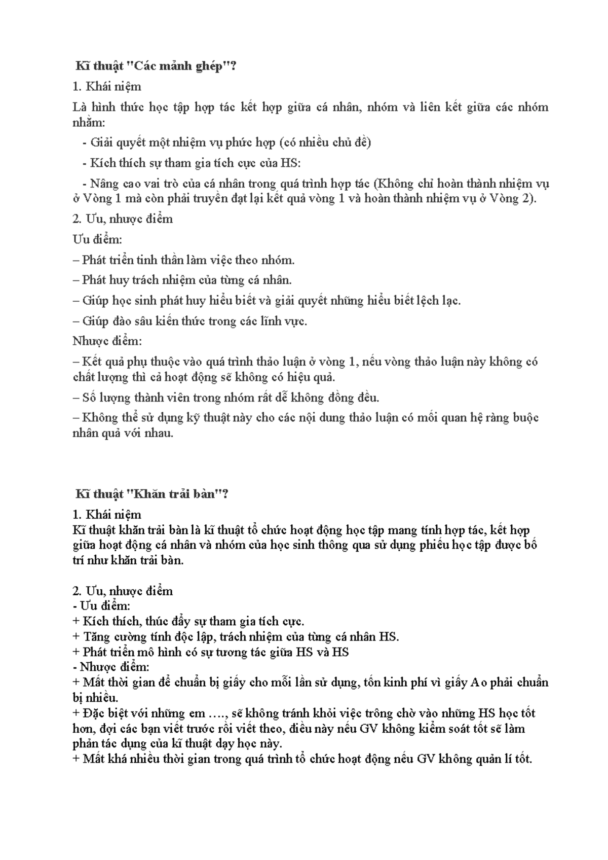 Khái niệm và Ưu, Nhược Điểm Kĩ Thuật Khăn Trải Bàn & Mảnh Ghép - Studocu