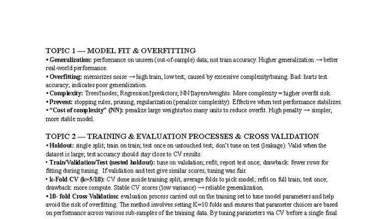 Foundations of AI: Short Cheat Sheet for Model Fit & Evaluation - Studocu
