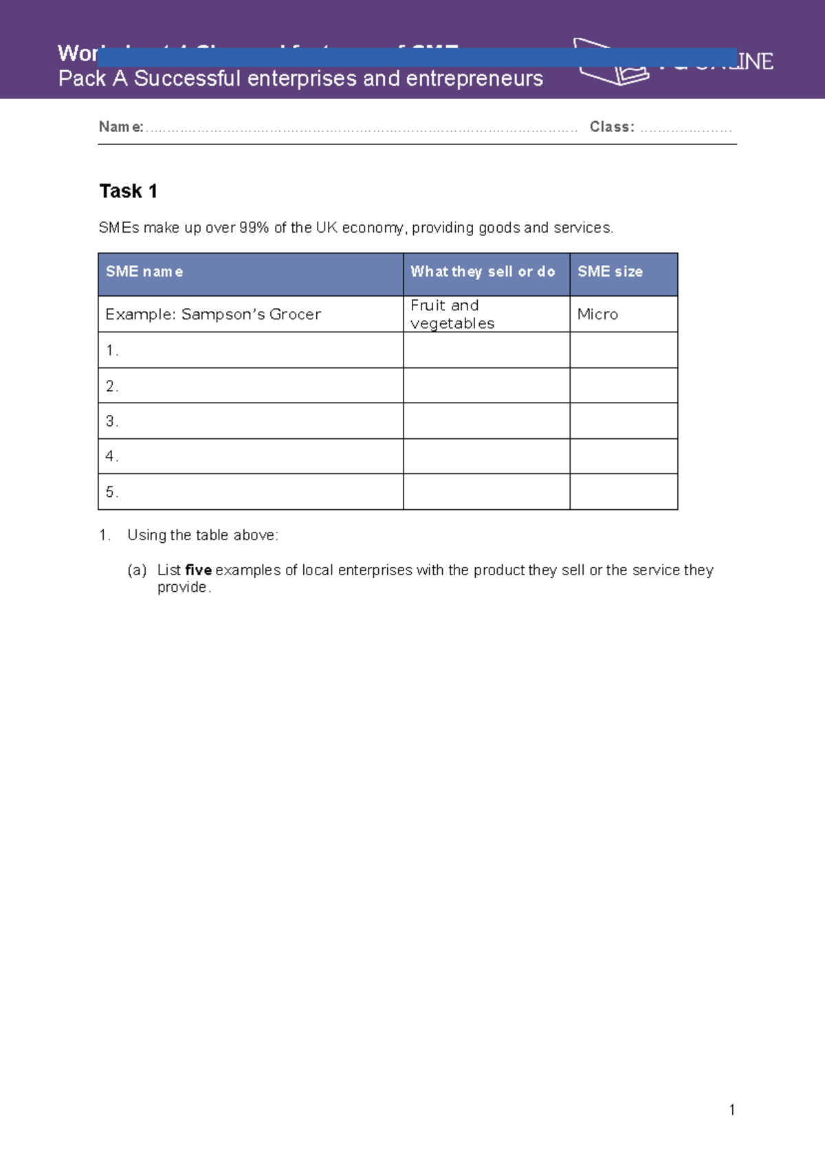 Pack A T1 Worksheet 1: SMEs & Entrepreneurship Overview - Studocu