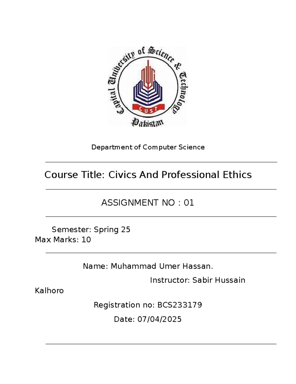 M.Umer Hassan-(BCS233179) - Department of Computer Science Course Title: Civics And Professional ...