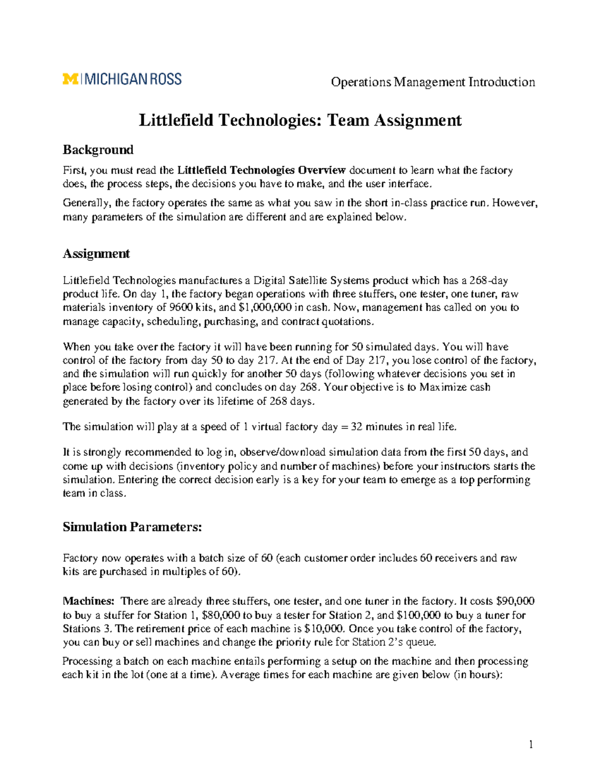 Littlefield Technologies Assignment - 1 Operations Management ...