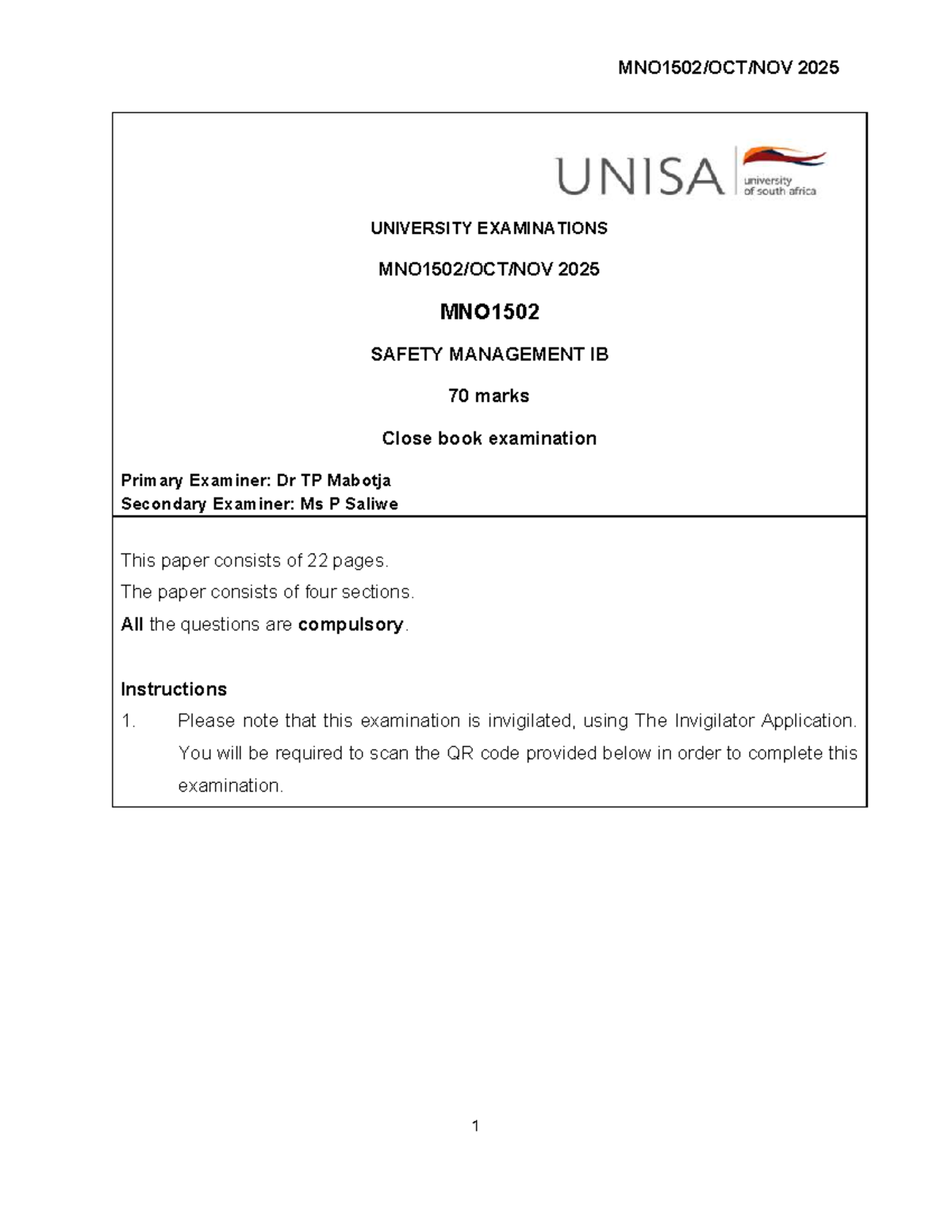 MNO1502 2025 Safety Management Exam Paper - 70 Marks - Studocu