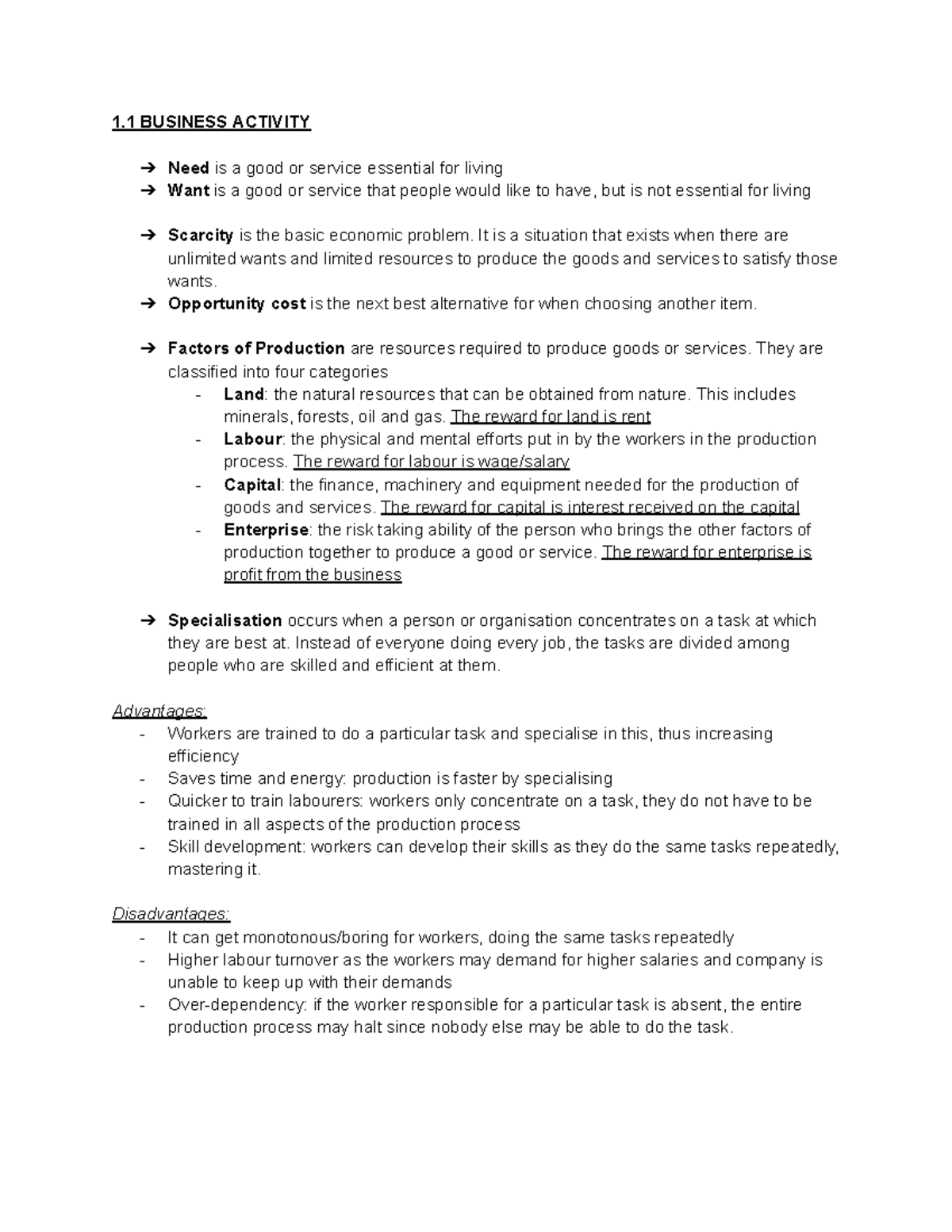 Business studies unit 1 notes - 1 BUSINESS ACTIVITY Need is a good or ...