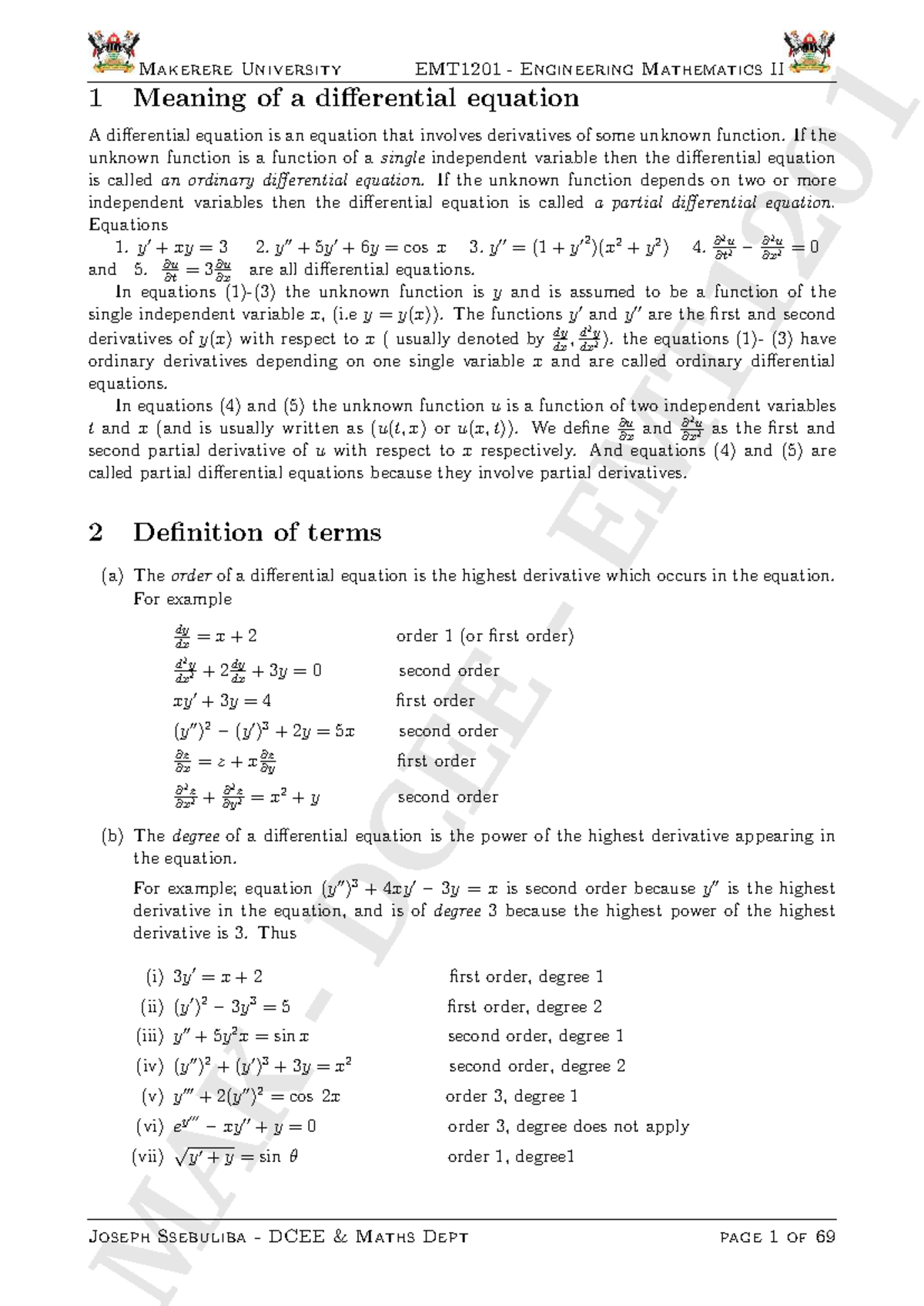 EMT1201 - Engineering Mathematics II: Understanding Differential ...