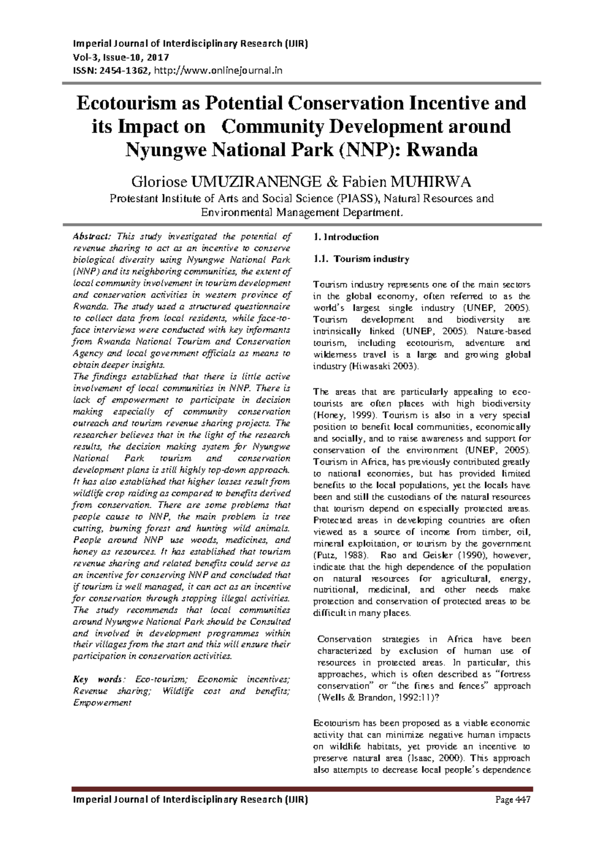 Ecotourism as a Conservation Incentive: Community Development around ...