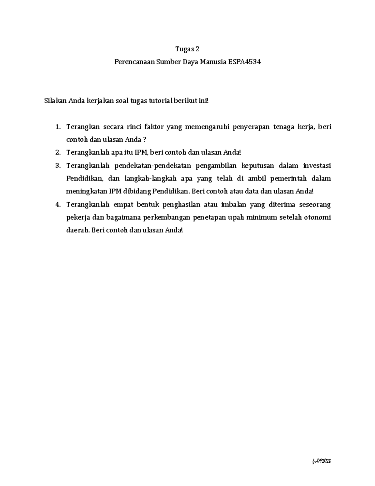 Tugas tutorial 2-espa4534 - fr- 092023 Tugas 2 Perencanaan Sumber Daya ...