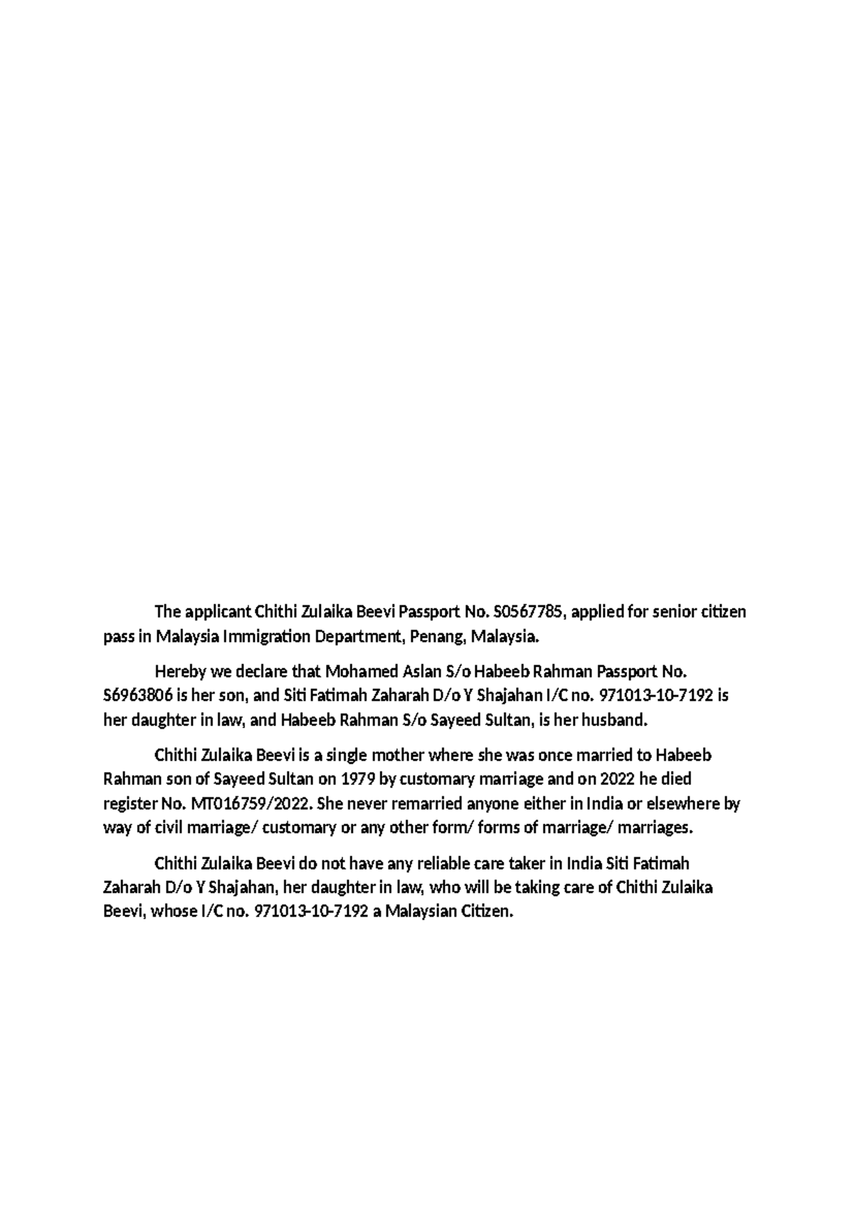 Senior Citizen Visa Affidavit for Chithi Zulaika Beevi - Studocu