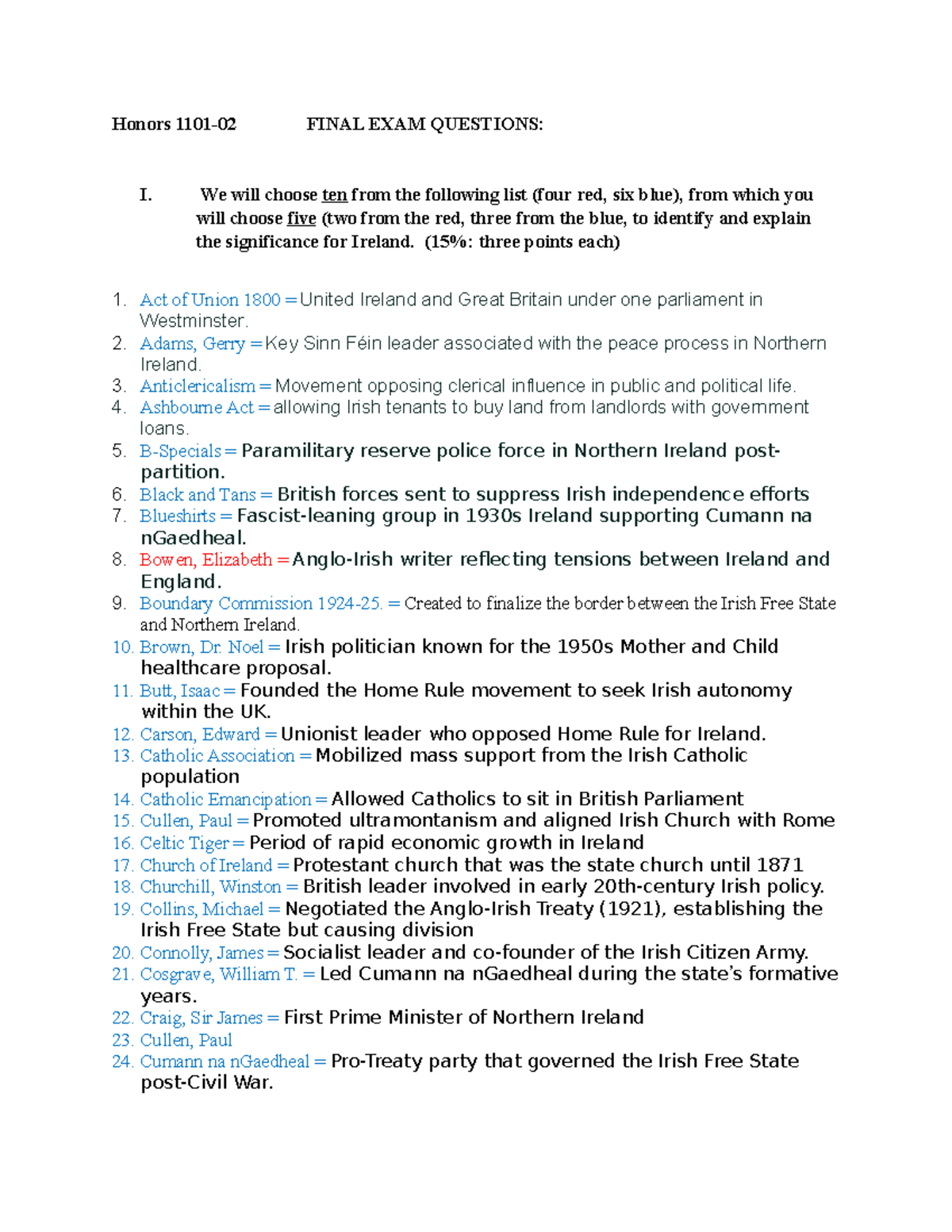Final Exam Questions: Irish History & Nationalism Overview (Honors 1101 ...