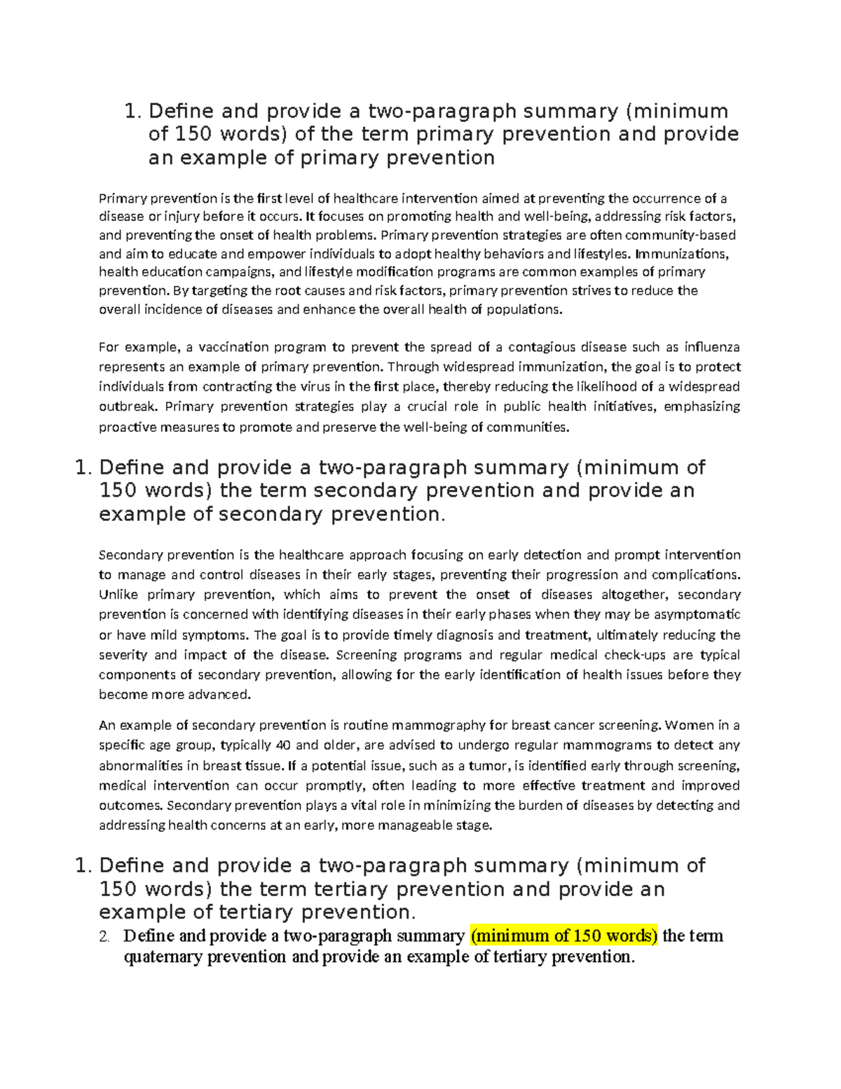 Chapter 1 Assignment: Overview of Primary, Secondary, and Tertiary ...