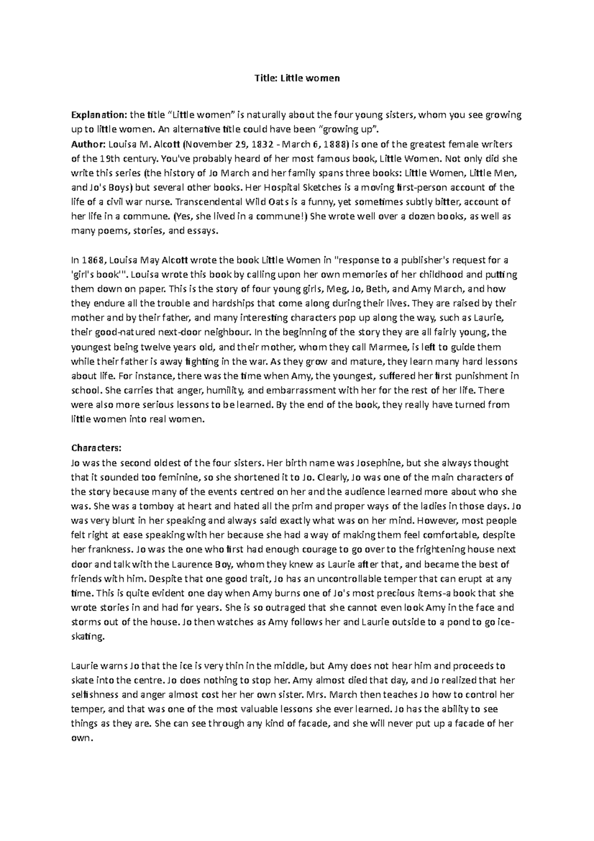 Little Women (ENG 101) - Character Analysis and Summary Notes - Studocu