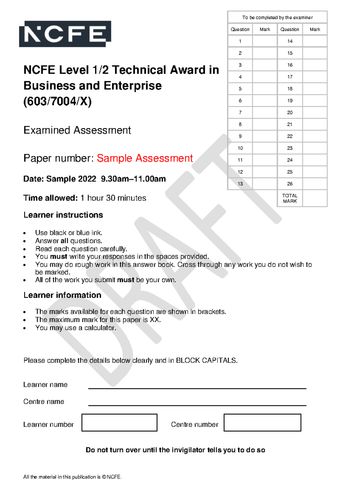 NCFE Level 1/2 Business and Enterprise Sample Exam Paper (603/7004/X ...