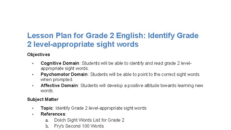 Grade 2 English Lesson Plan: Identifying Sight Words - Studocu