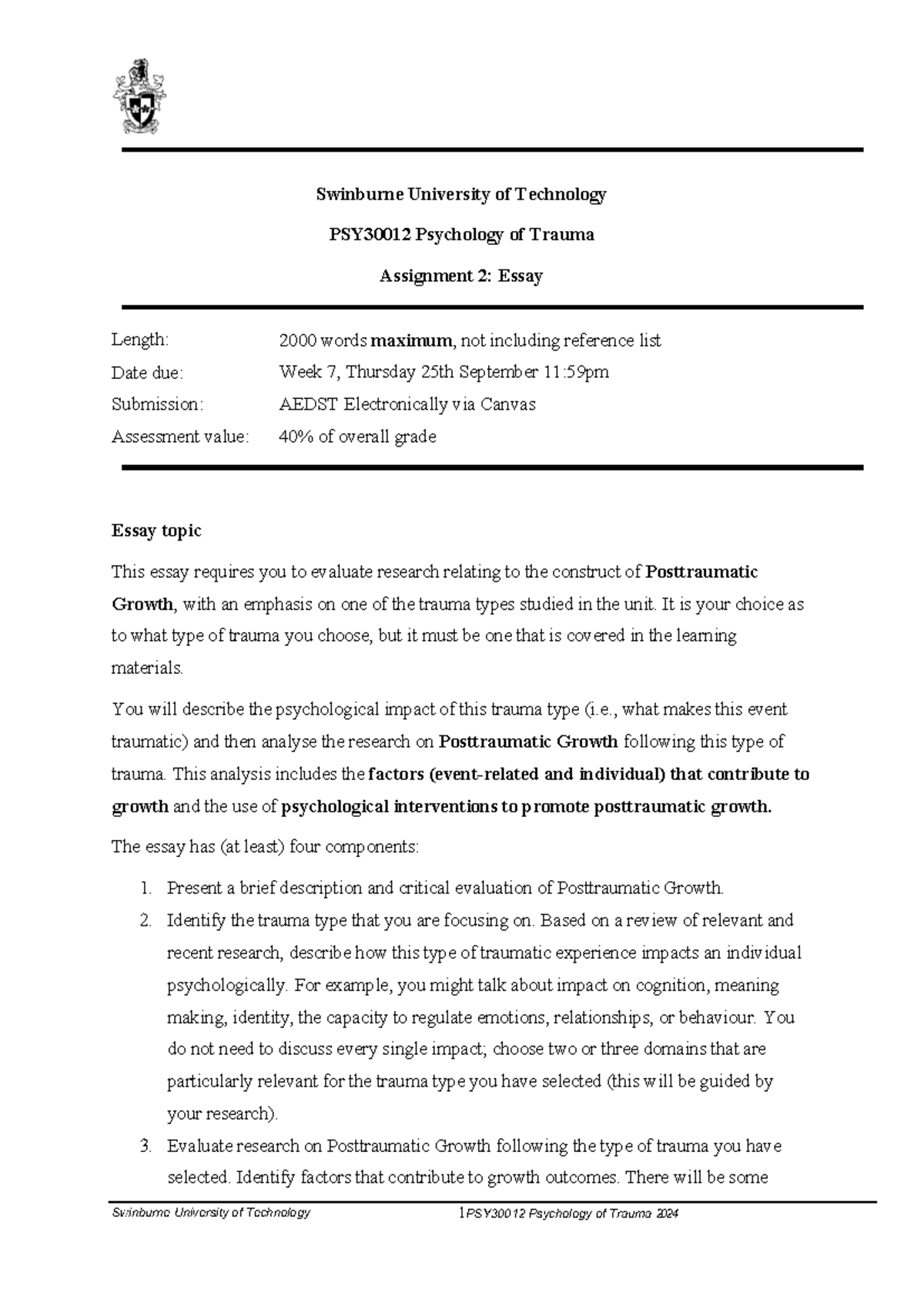 PSY30012 Psychology of Trauma Assignment 2: Posttraumatic Growth Essay ...