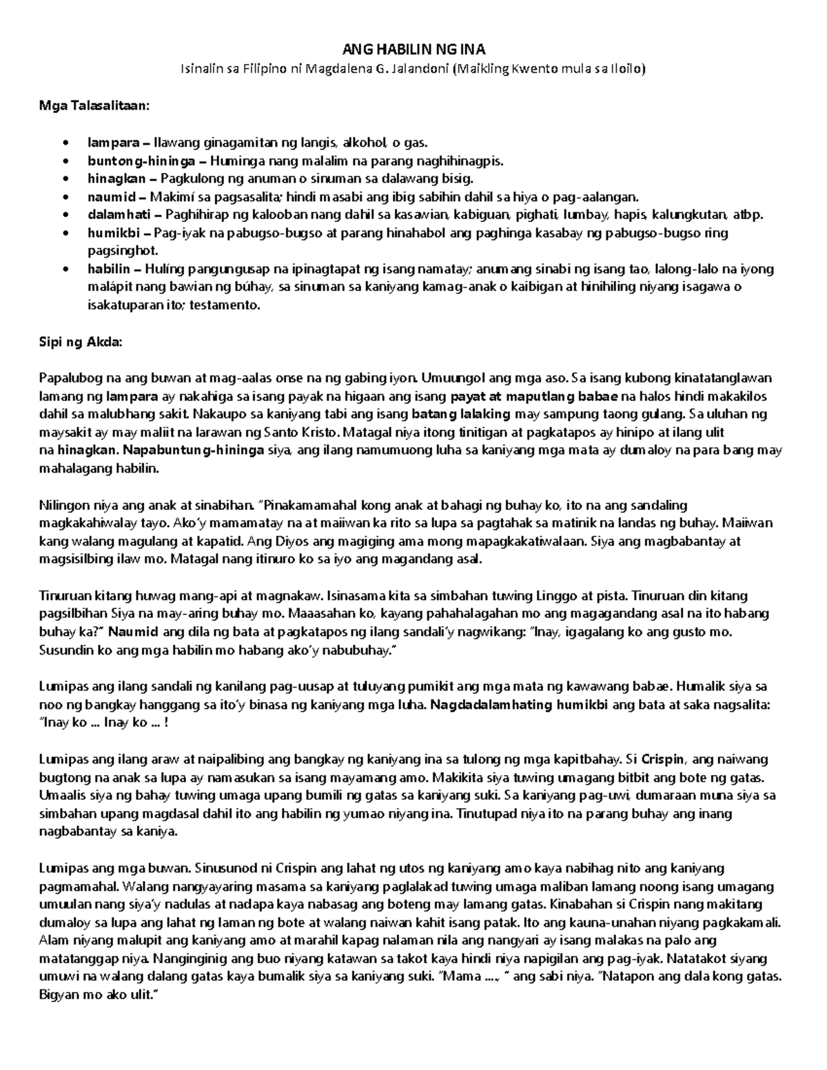 ANG HABILIN NG INA - Isang Maikling Kwento mula sa Iloilo - Studocu
