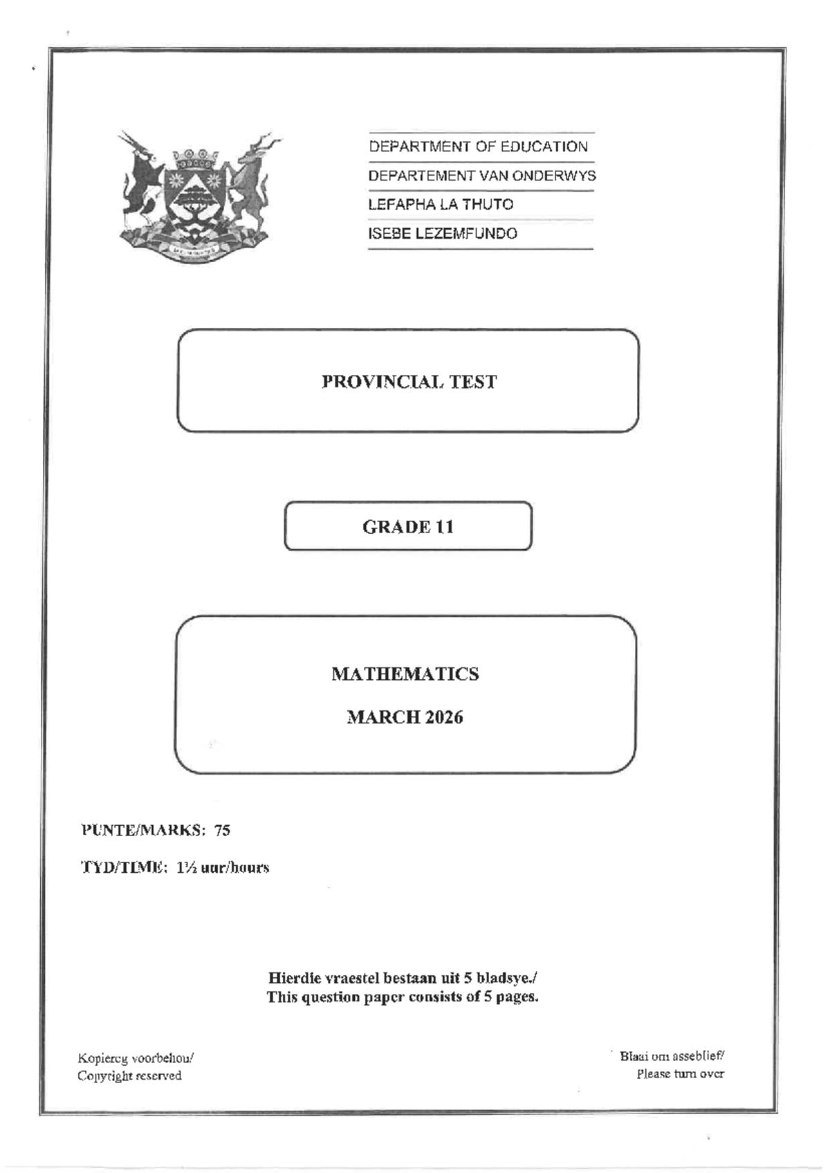 NC Grade 11 Mathematics Provincial Test March 2026 - Studocu