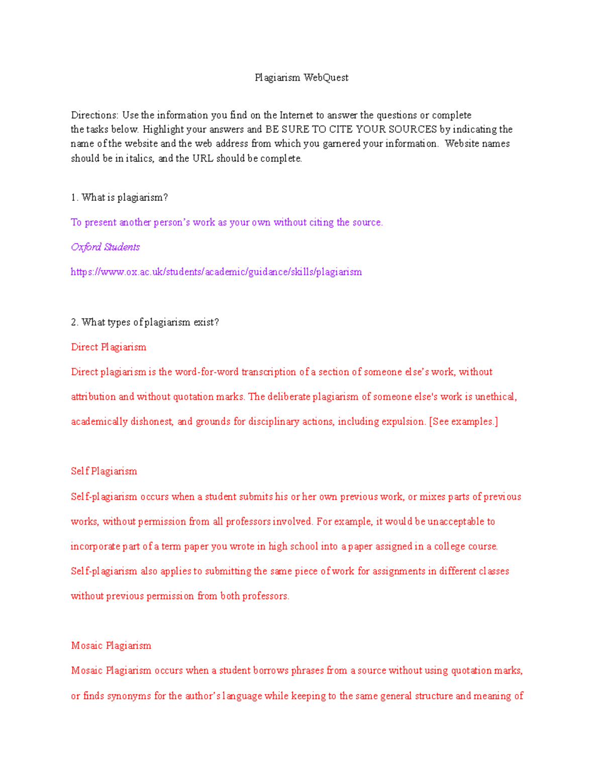Plagiarism WebQuest Guide: Understanding Types and Citation Practices ...